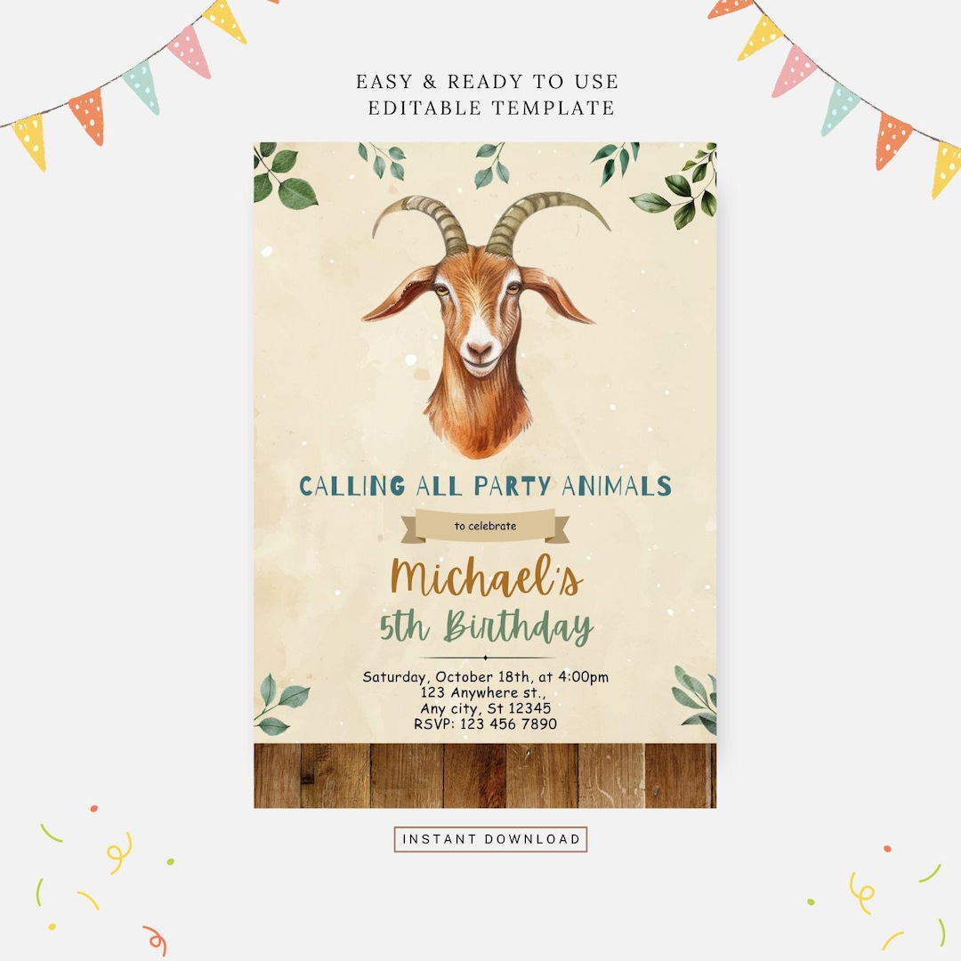 Goat Party Invitation, Editable Template, Instant Download, DIY ...