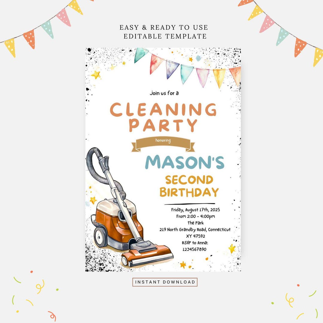 Vacuum Cleaner Birthday Party Invitation, Editable Template, Instant ...