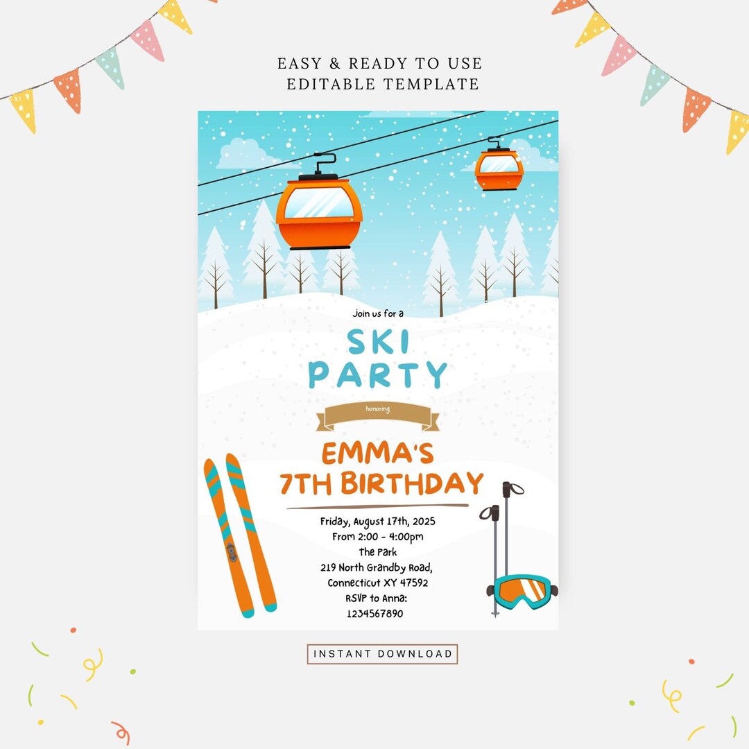 Ski Birthday Party, Editable Template, Instant Download, DIY Invitation ...