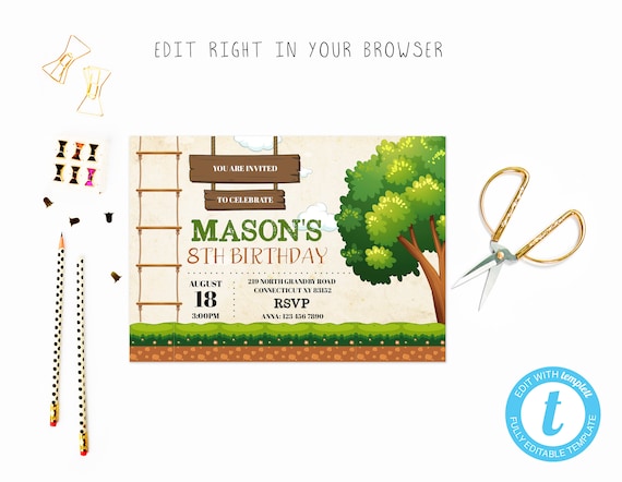 TRY BEFORE you BUY TreeTop Course party tem edit yourself invitation ...