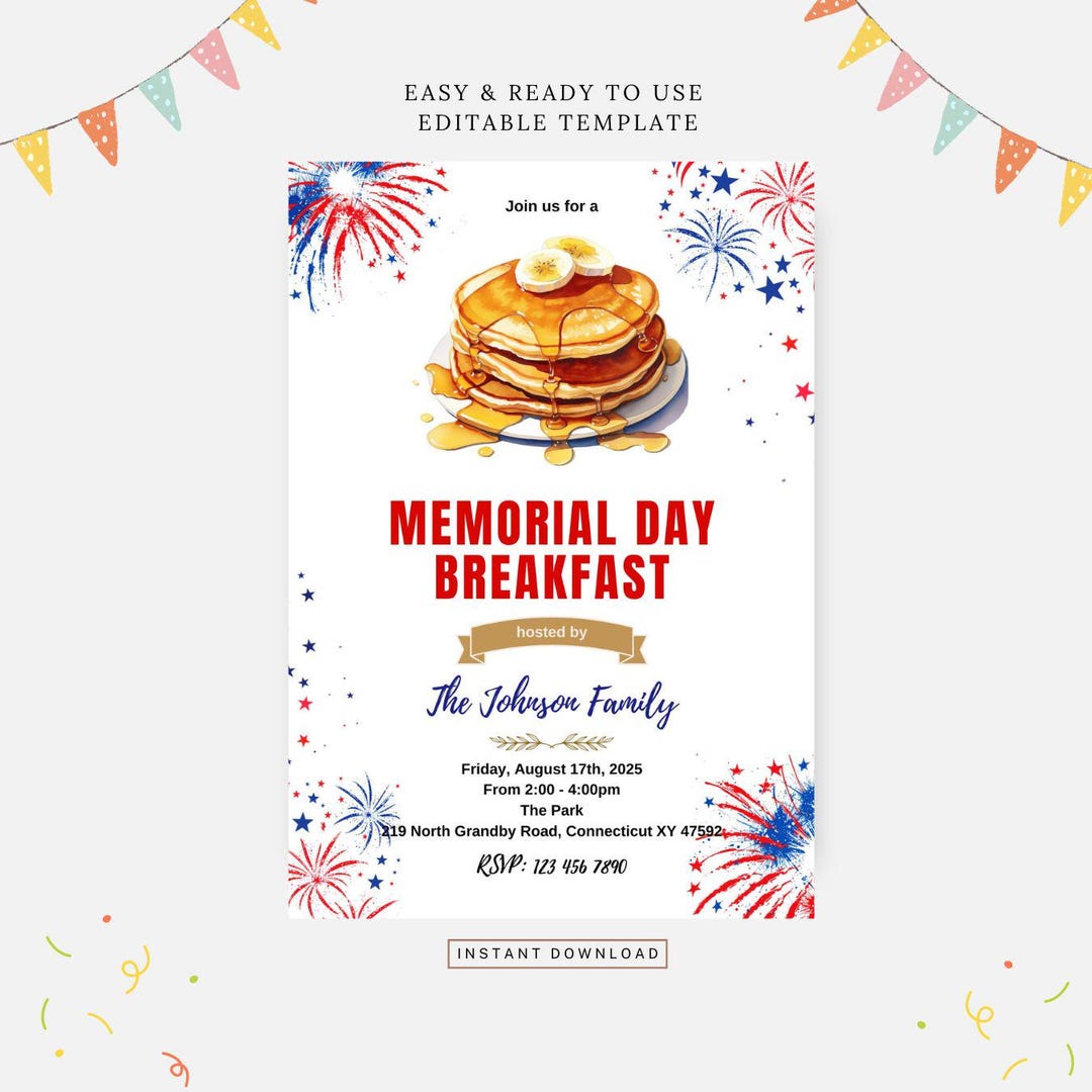 Memorial Day Breakfast Brunch Invitation, Editable Template, Instant ...