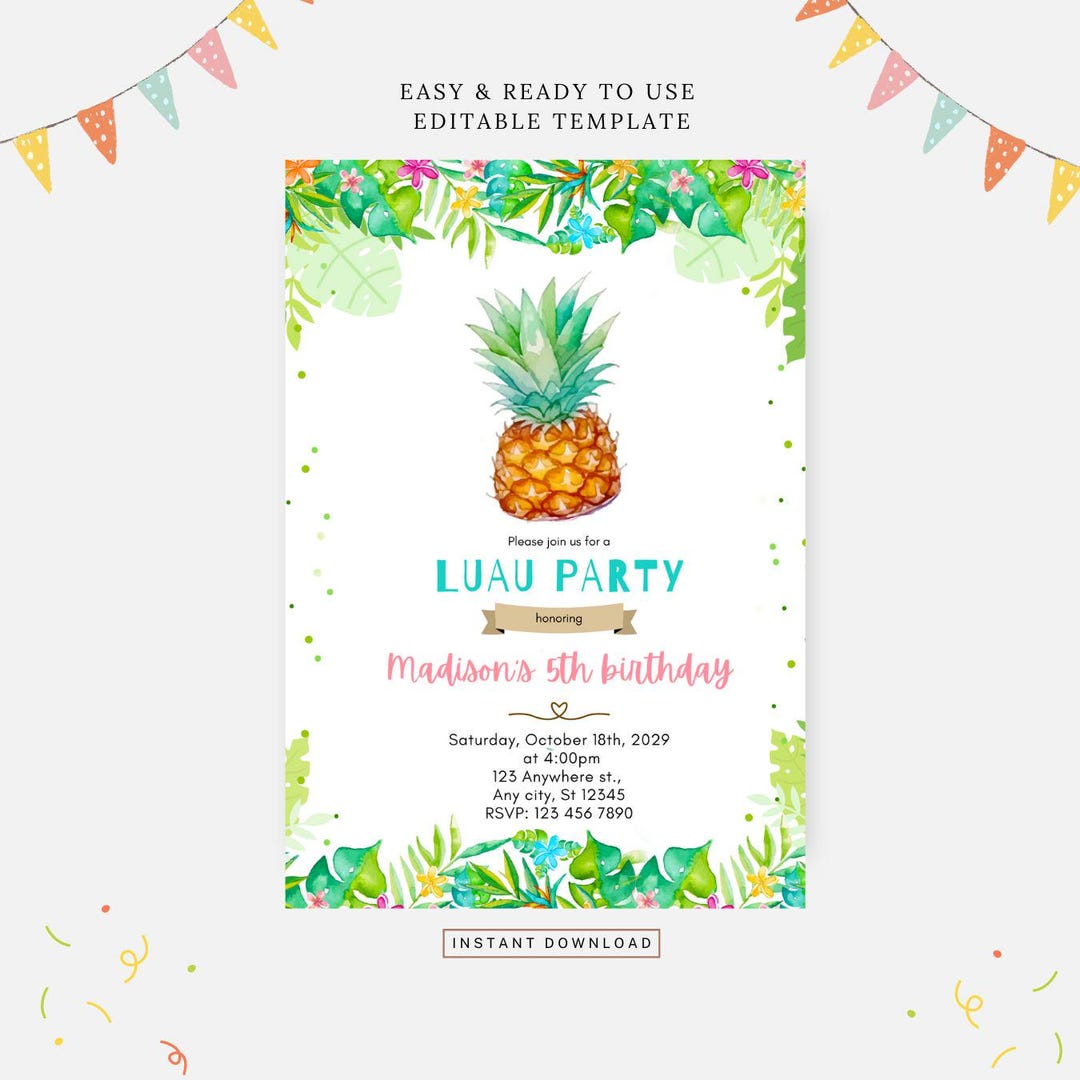 Tropical Pineapple Birthday Invitation, Editable Template, Instant ...