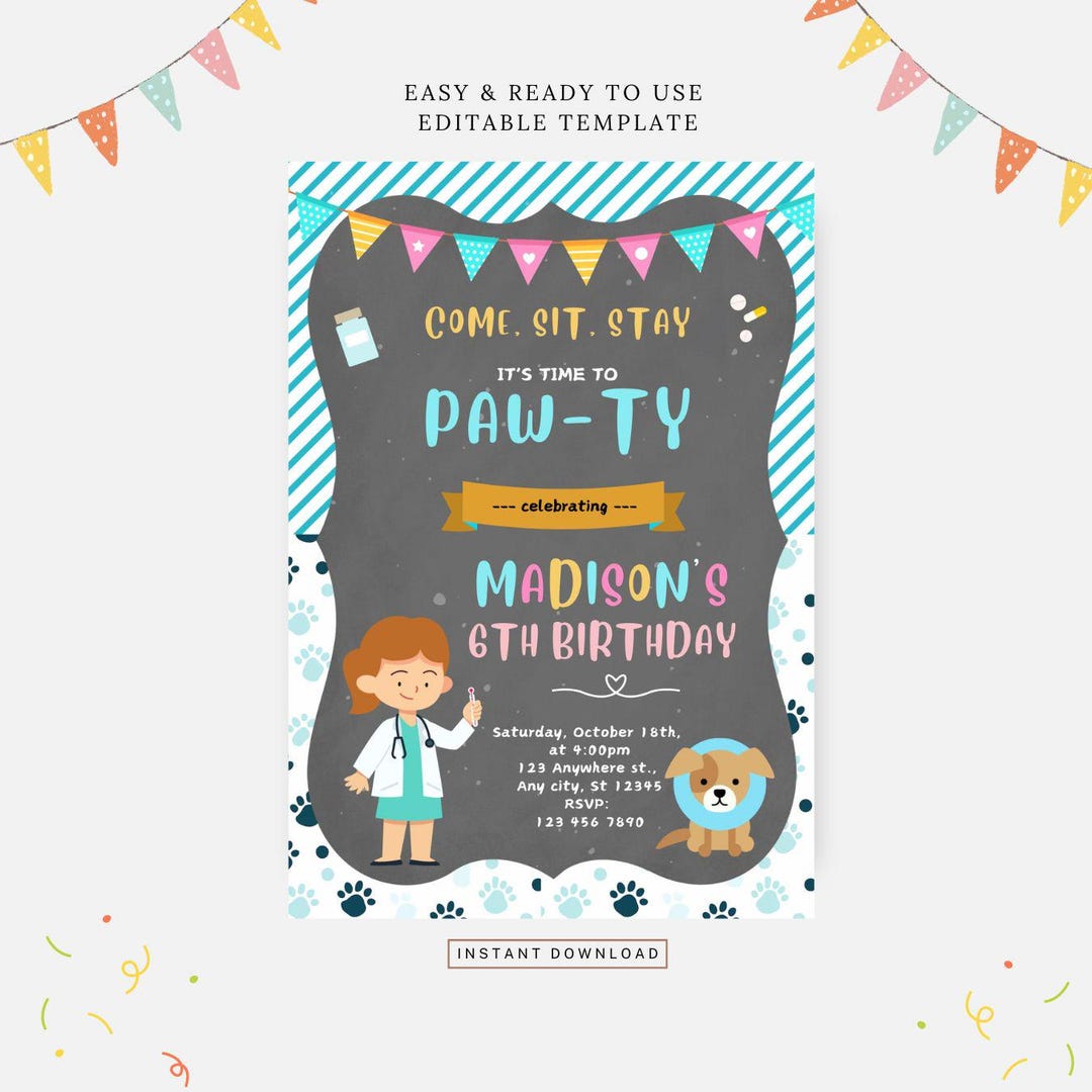 Veterinary Birthday Party Invitation, Editable Template, Instant ...