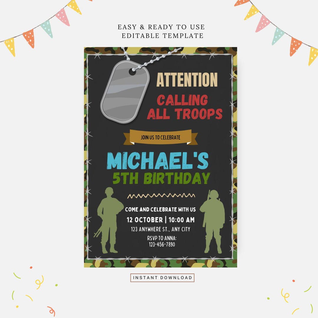 Army Birthday Party Invitation, Editable Template, Instant Download ...