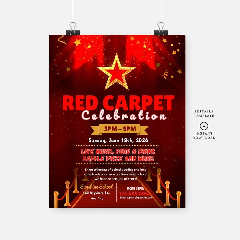 Red Carpet Party Flyer, Editable Template, Instant Download, DIY Flyer ...