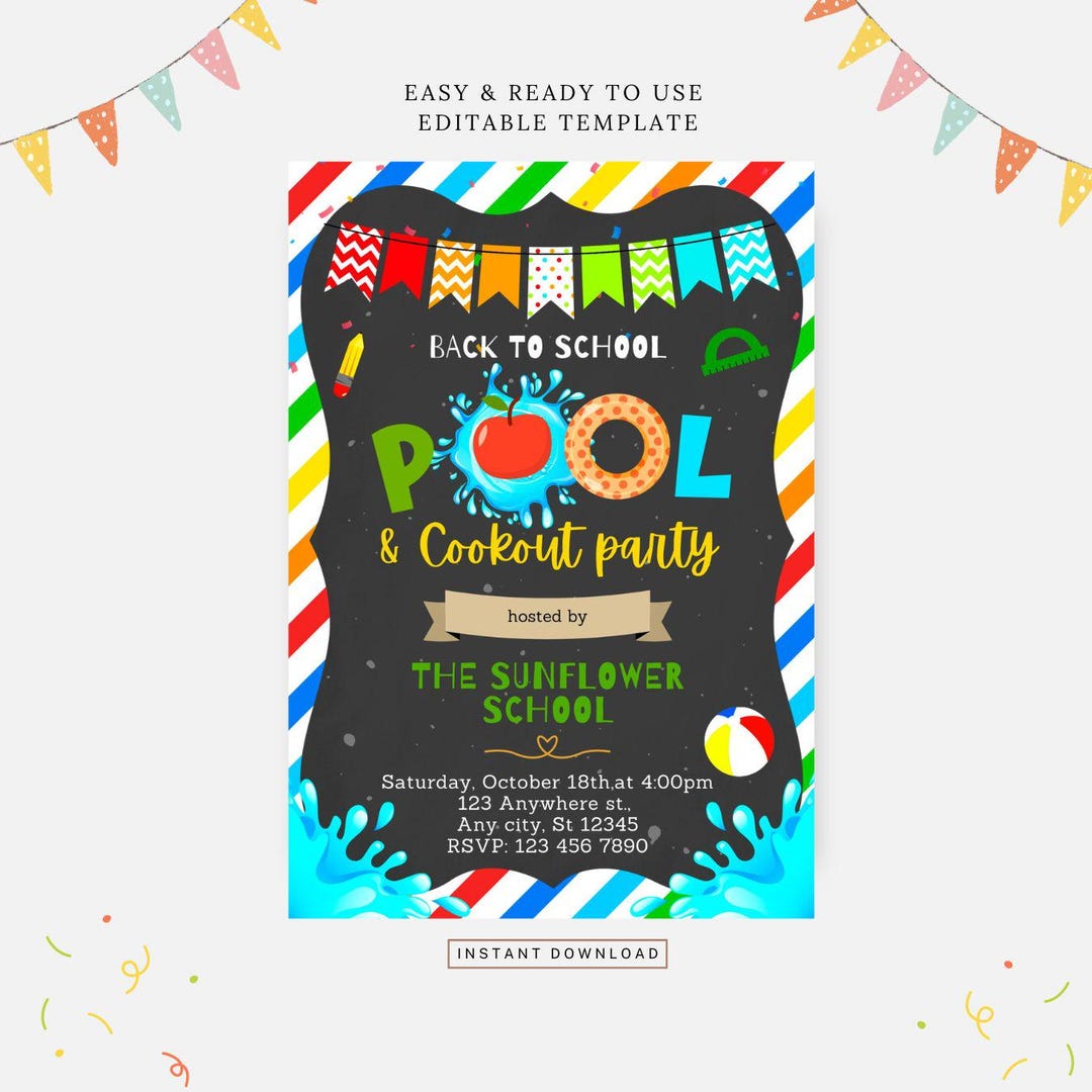 School Pool Cookout Party Invitation, Editable Template, Instant ...