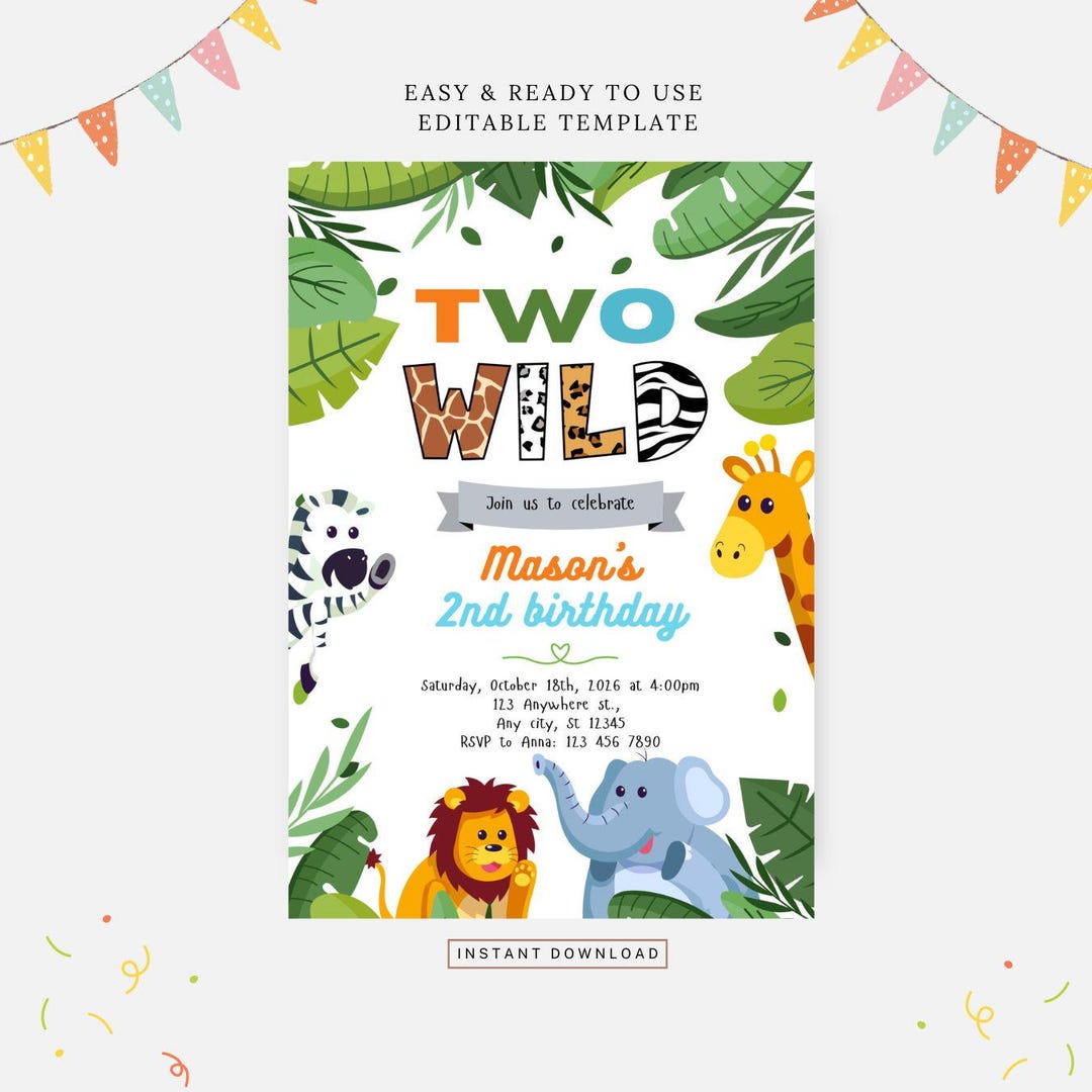 Jungle Animals Wild Birthday Invitation, Editable Template, Instant ...
