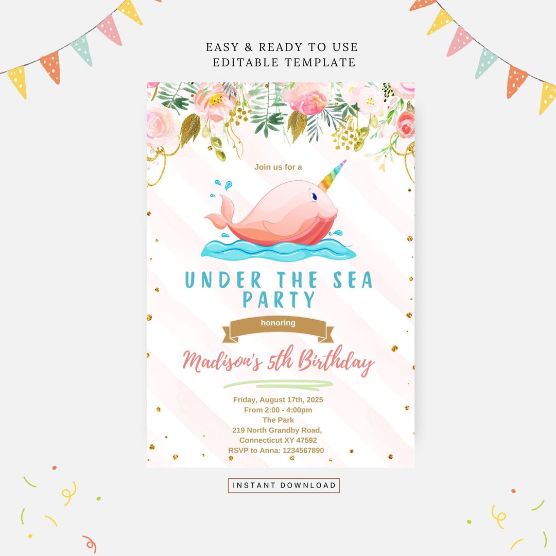 Cute Narwhal Theme, Editable Template, Instant Download, DIY Invitation ...