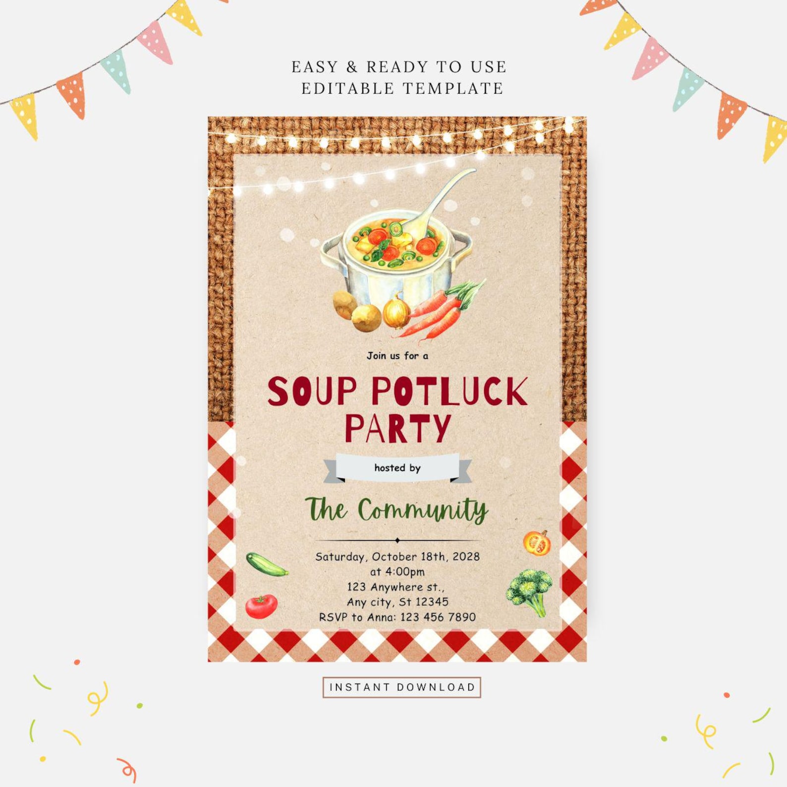 Soup Potluck Invitation, Editable Template, Instant Download, DIY ...