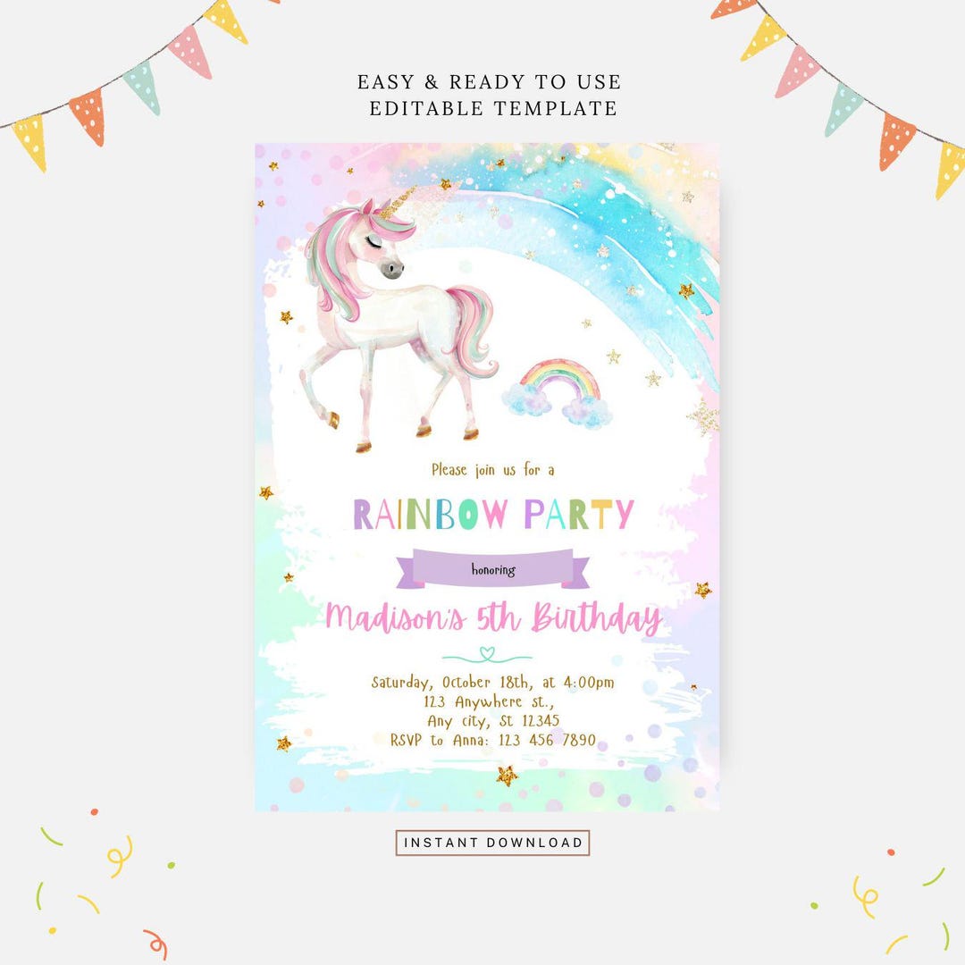 Pastel Cute Unicorn Birthday Invitation, Editable Template, Instant ...