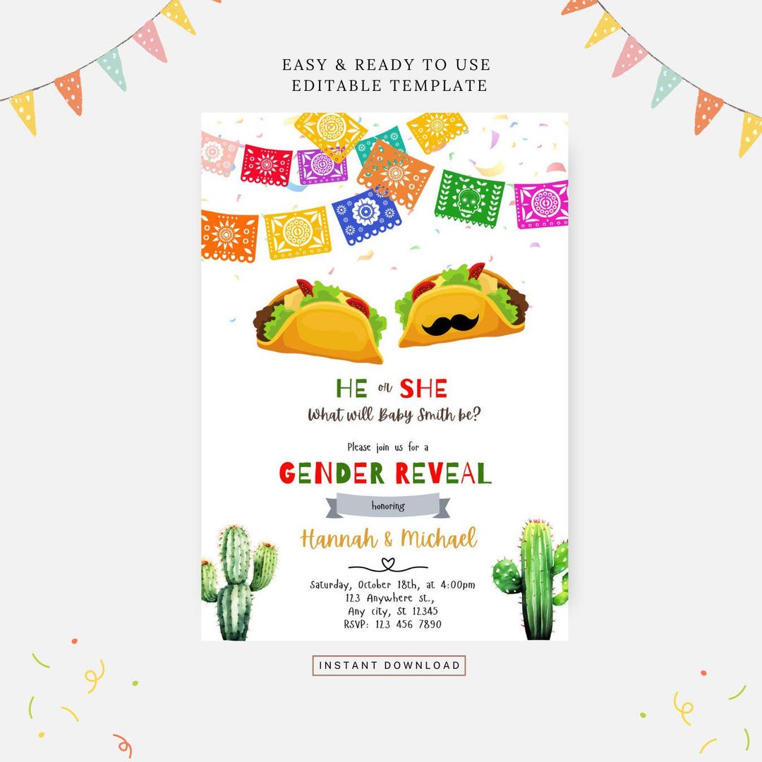 Tacos Gender Reveal Invitation, Editable Template, Instant Download ...