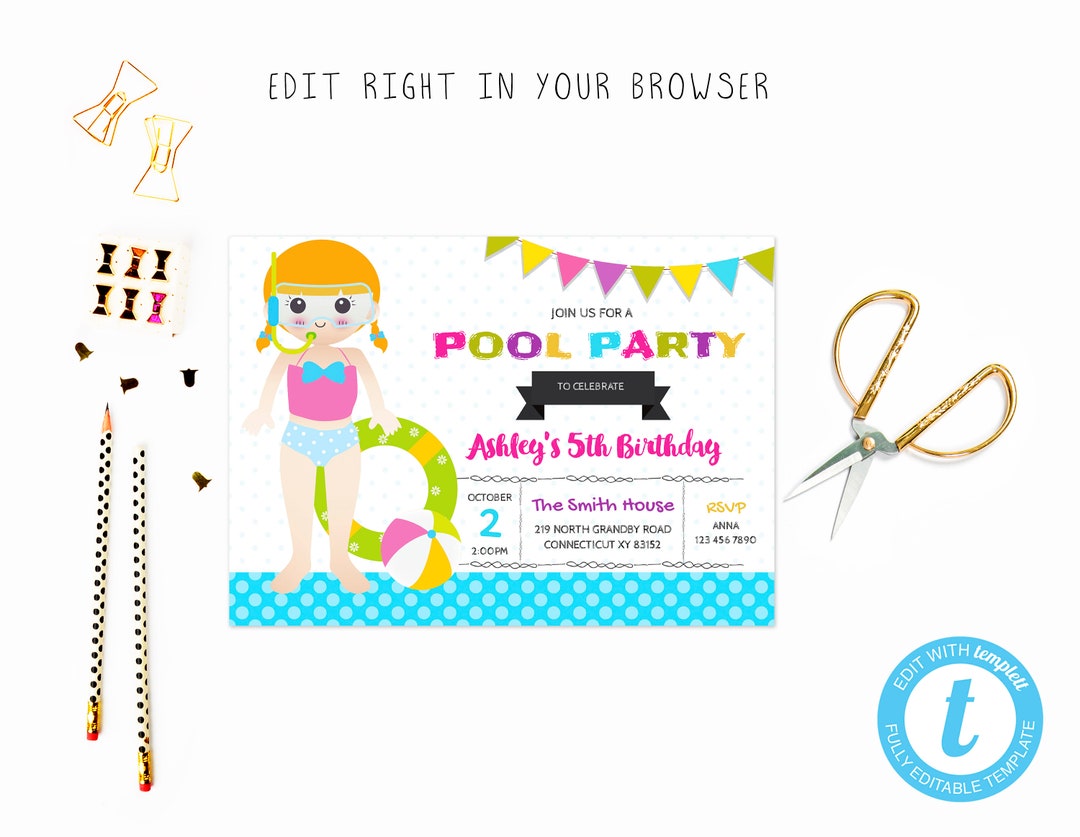 Cute Pool Girl Birthday Party Invitation TRY BEFORE You BUY - Etsy