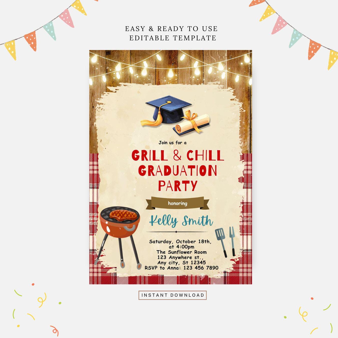 Grill and Chill Graduation Invitation, Editable Template, Instant ...