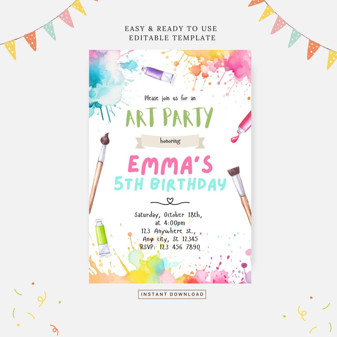 Art Painting Girl Party Invitation, Editable Template, Instant Download ...