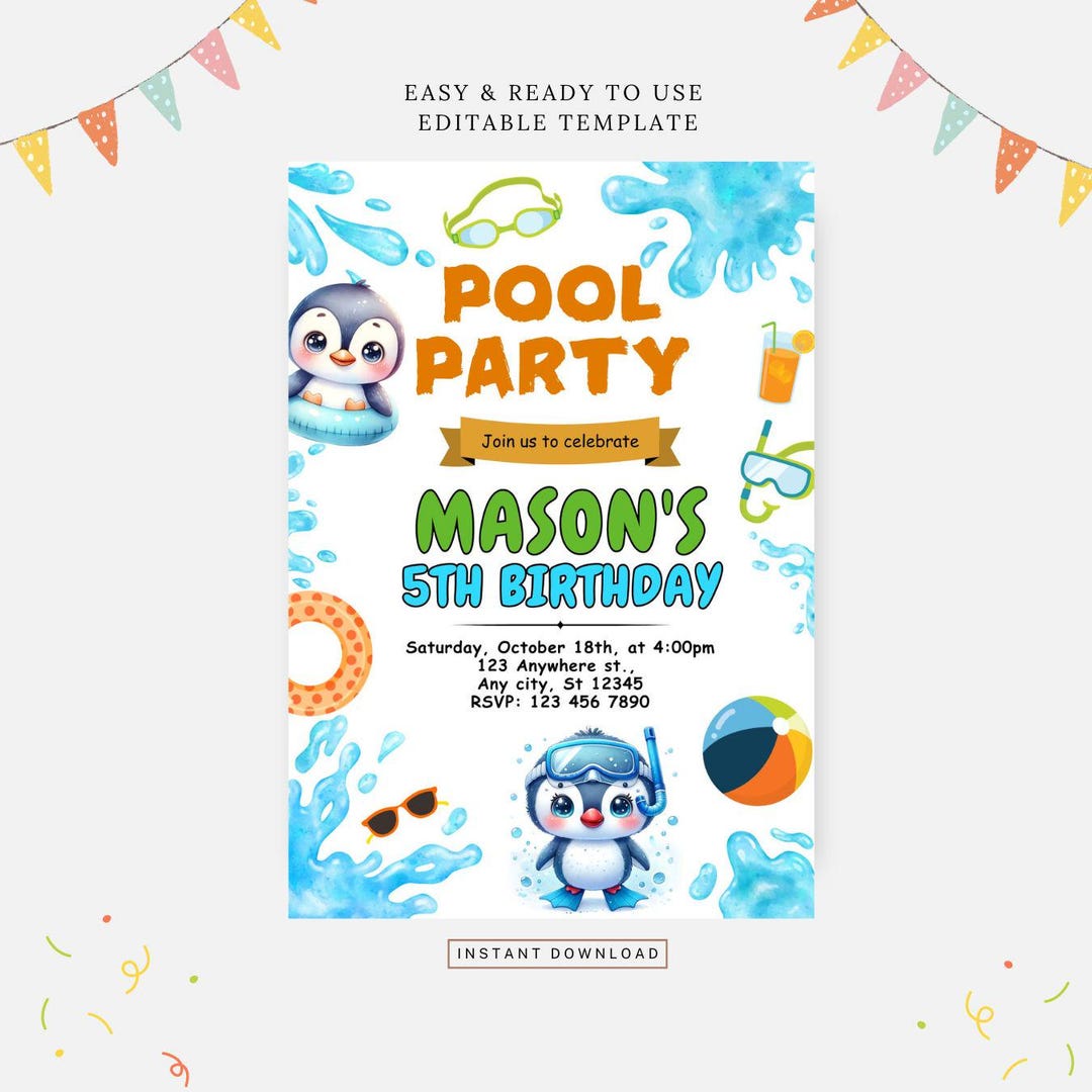 Penguin Pool Party Invitation, Editable Template, Instant Download, DIY ...