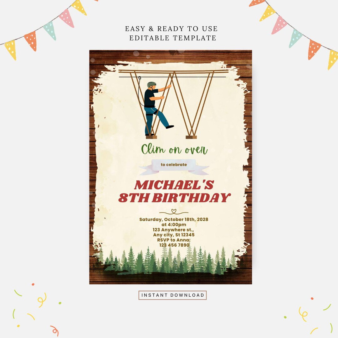 Zipline Rope Course Party Invitation, Editable Template, Instant ...