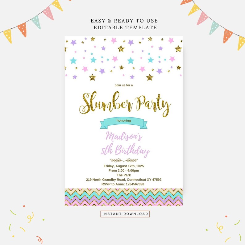 Cute Slumber Party, Editable Template, Instant Download, DIY Invitation ...