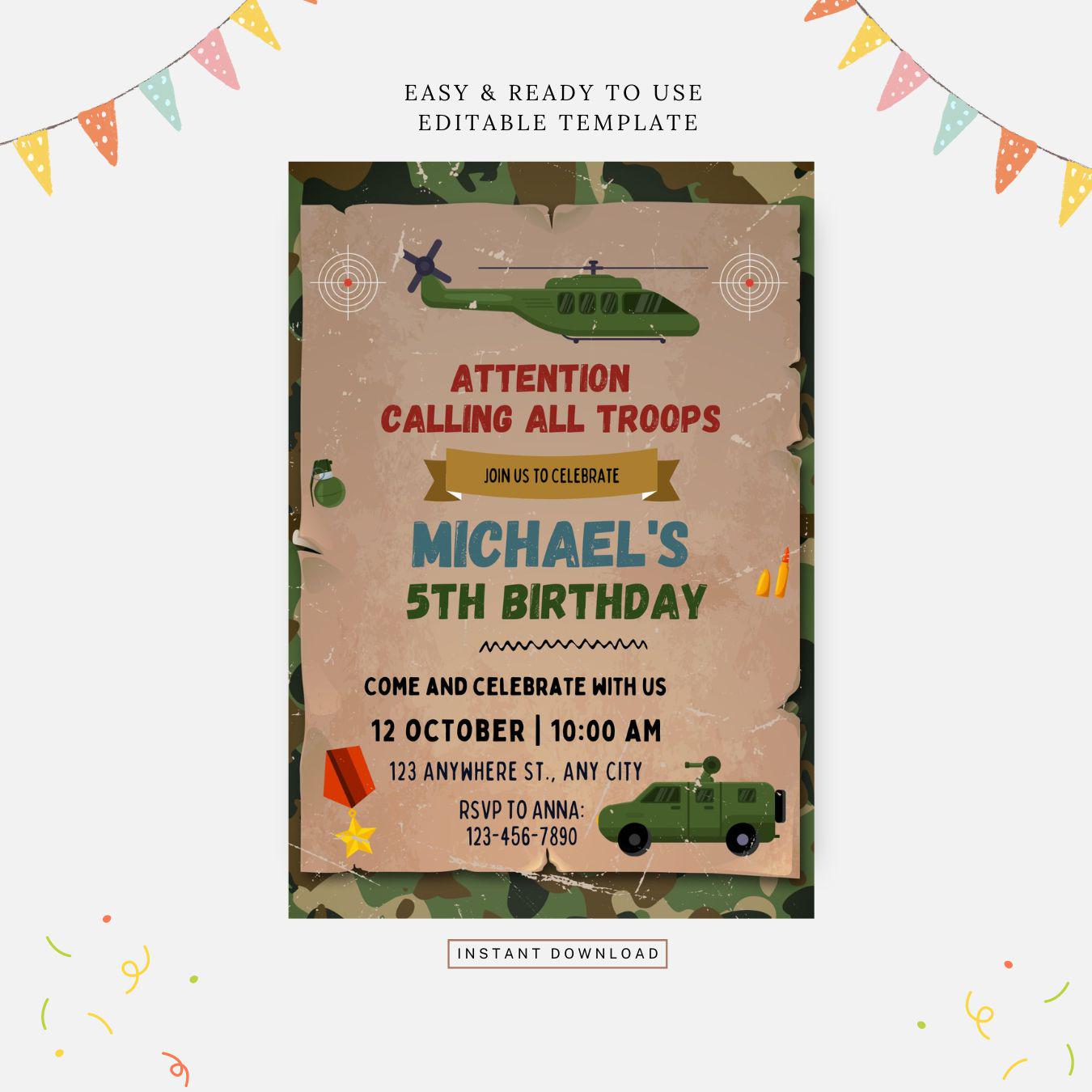 Army Birthday Invitation, Editable Template, Instant Download, DIY ...