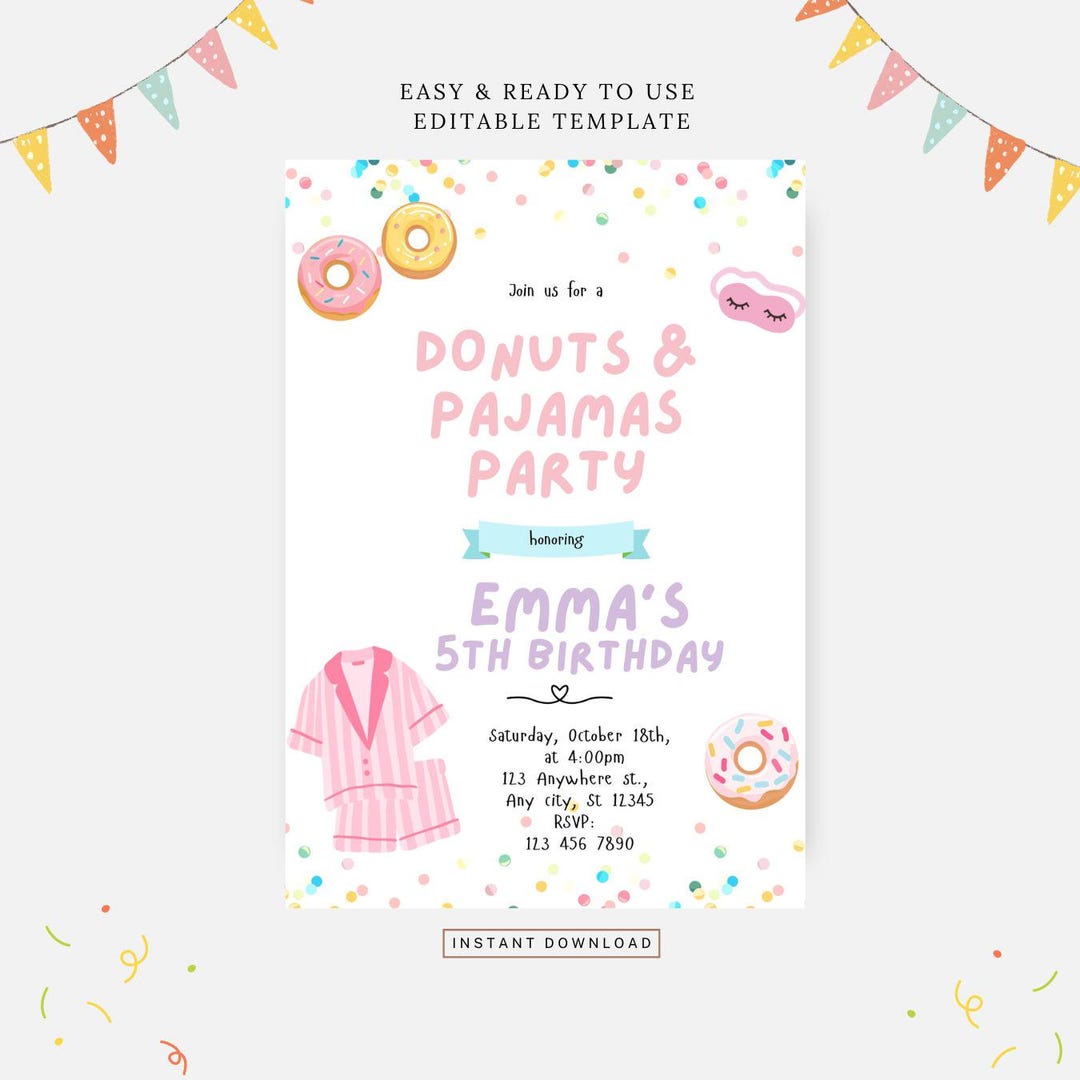 Cute Donuts and Pajamas Invitation, Editable Template, Instant Download ...