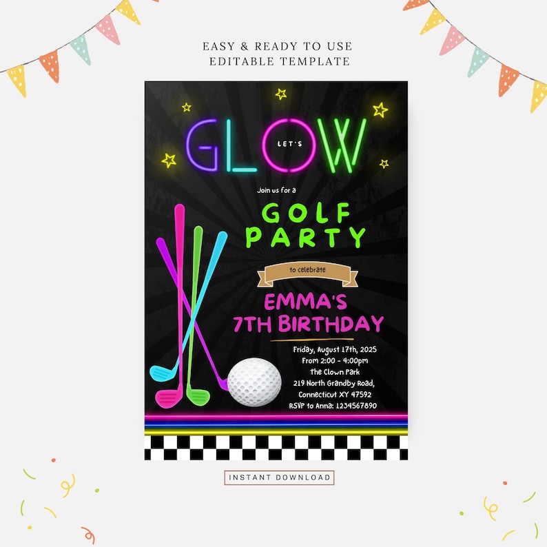 Glow Golf Theme Birthday, Editable Template, Instant Download, DIY ...