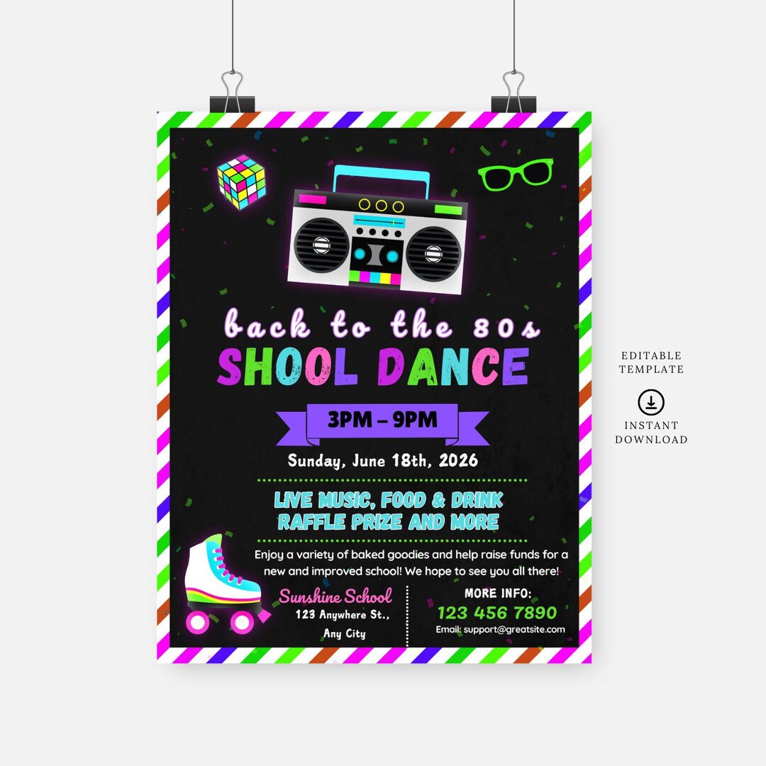 Retro 80s Party Flyer, Editable Template, Instant Download, DIY Flyer ...