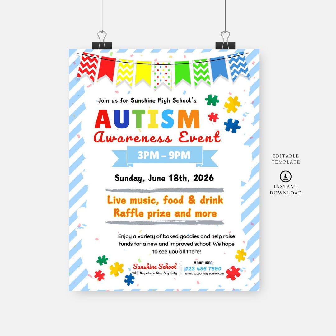 Autism Awareness Fundraiser Flyer, Editable Template, Instant Download ...