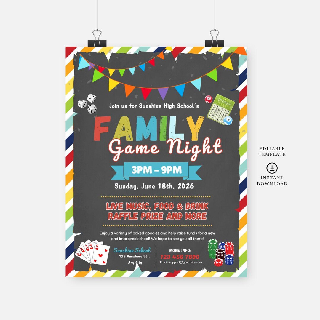 Family Game Night Fundraiser Flyer, Editable Template, Instant Download ...