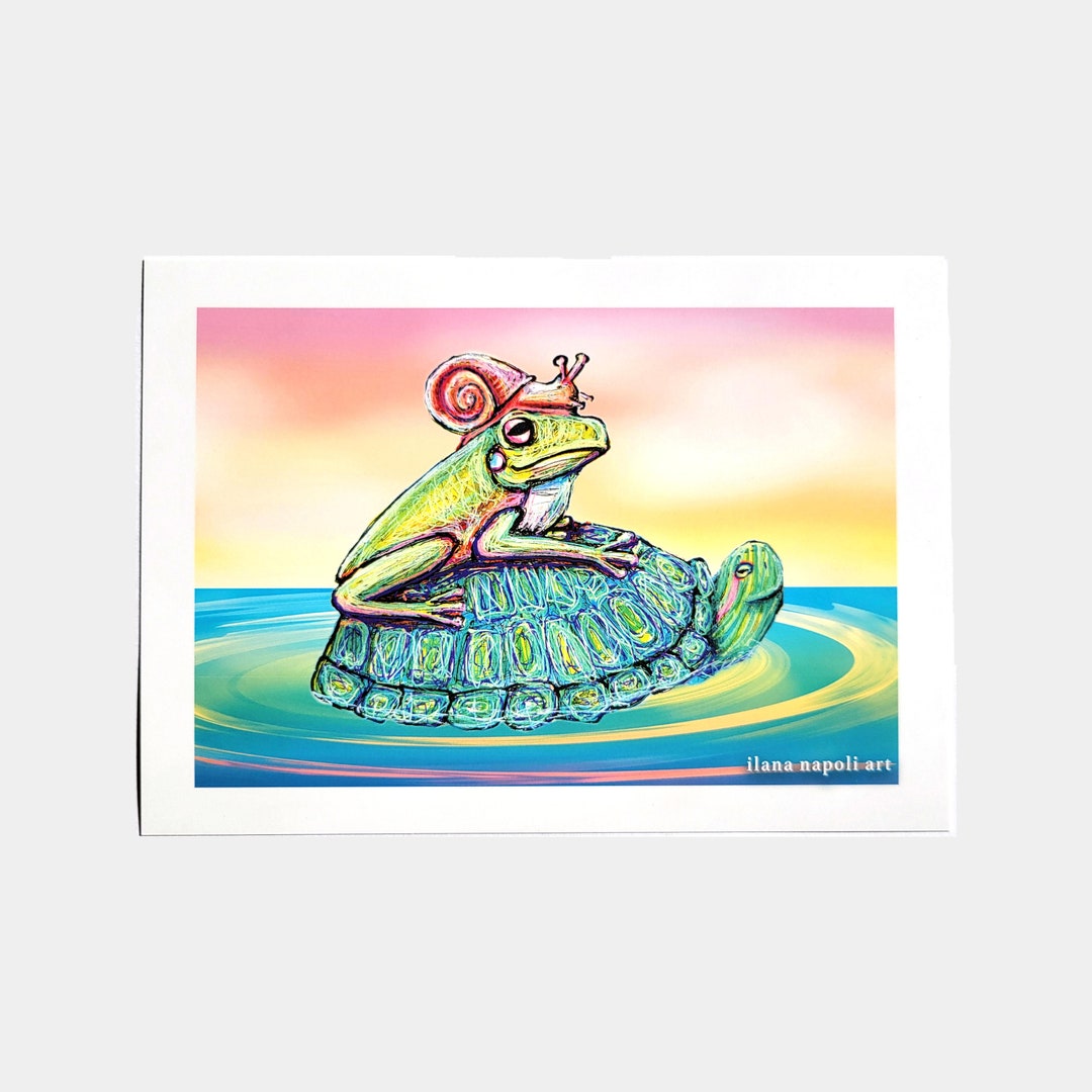 Snail Frog Turtle Wall Art, Cute Aquatic Animals 5x7" Print, Wholesome ...