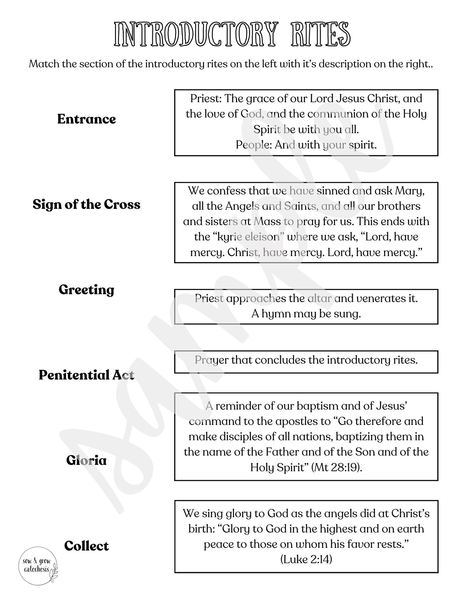 Parts of the Mass Worksheet, Catholic Mass Worksheet - Etsy