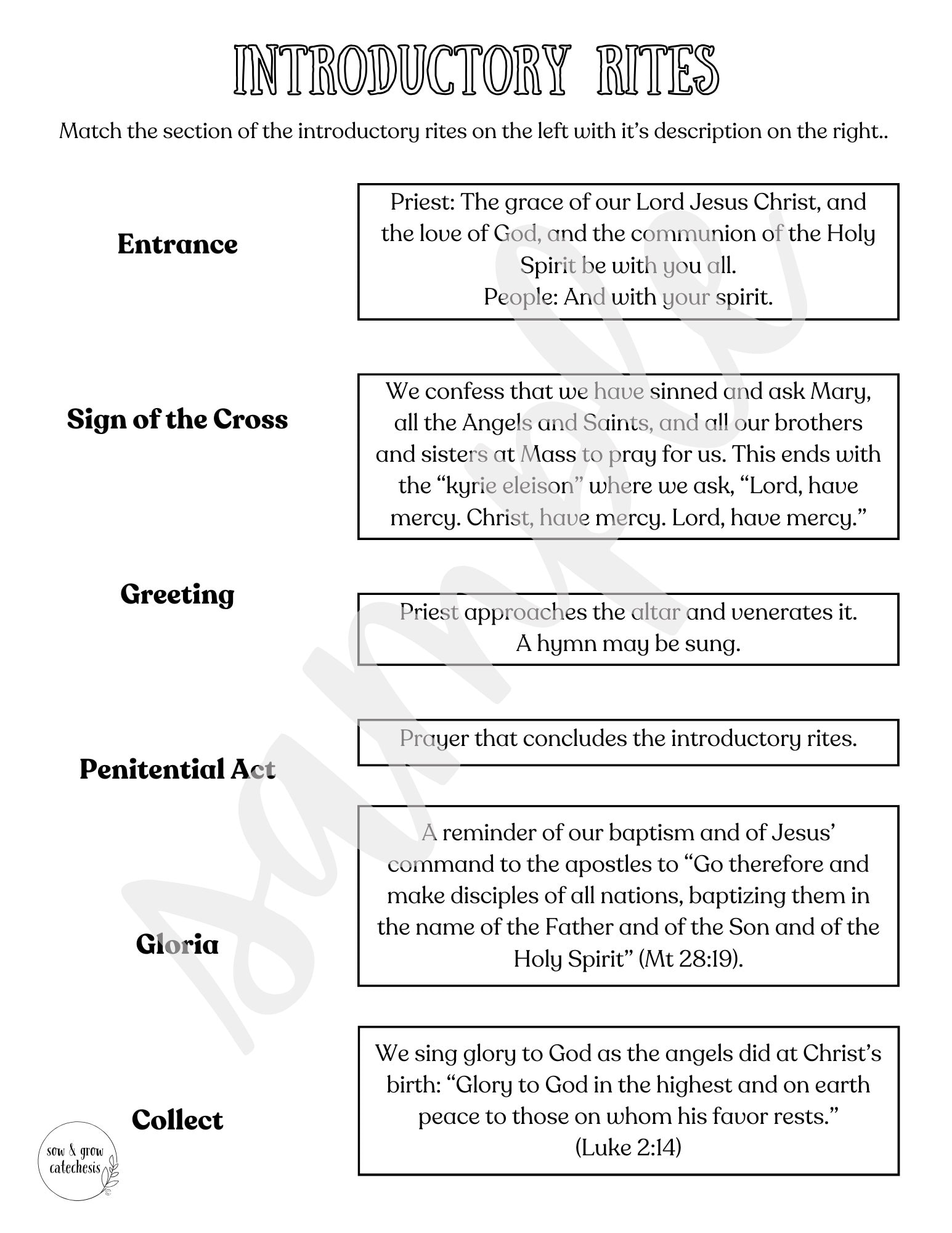 Parts of the Mass Worksheet, Catholic Mass Worksheet - Etsy