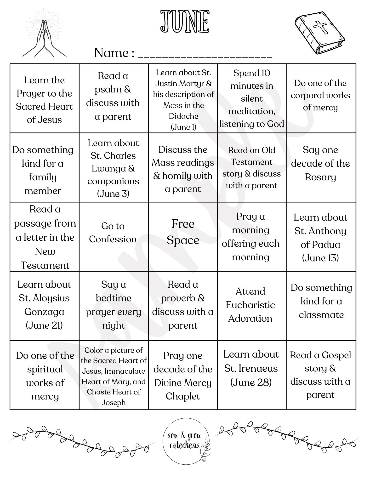 Monthly Bingo / Choice Cards for Catholic Faith Formation - Etsy
