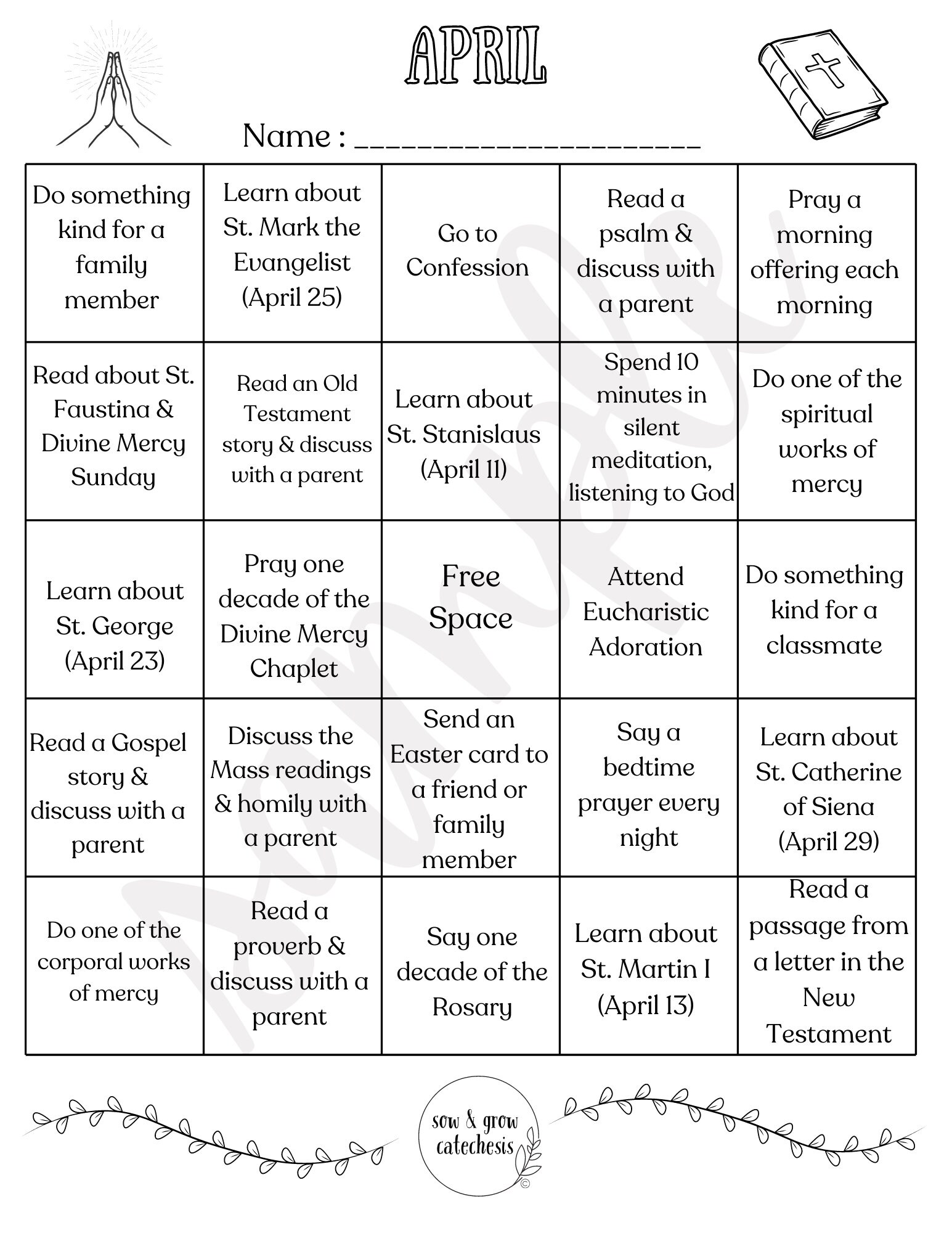 Monthly Bingo / Choice Cards for Catholic Faith Formation - Etsy