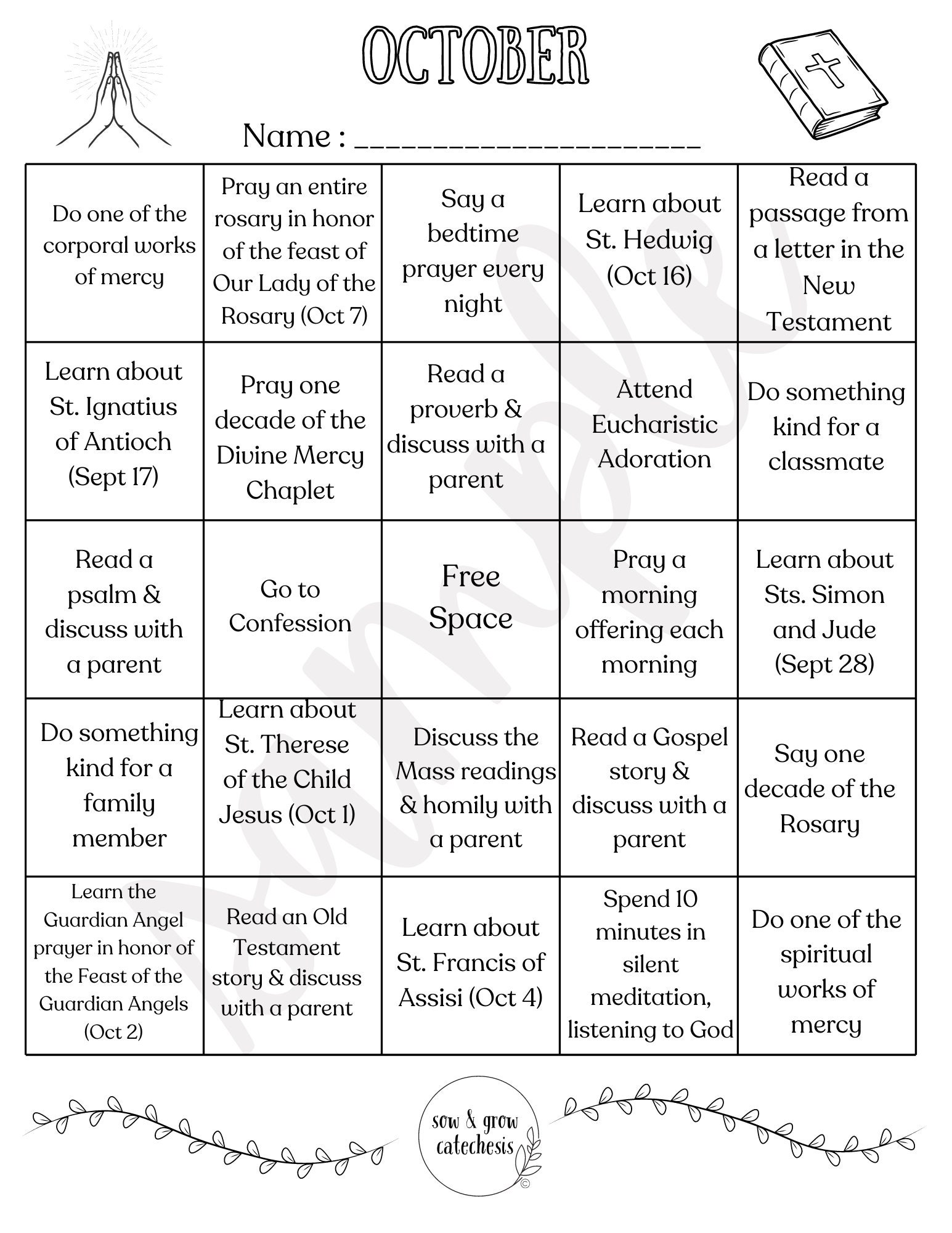 Monthly Bingo / Choice Cards for Catholic Faith Formation - Etsy