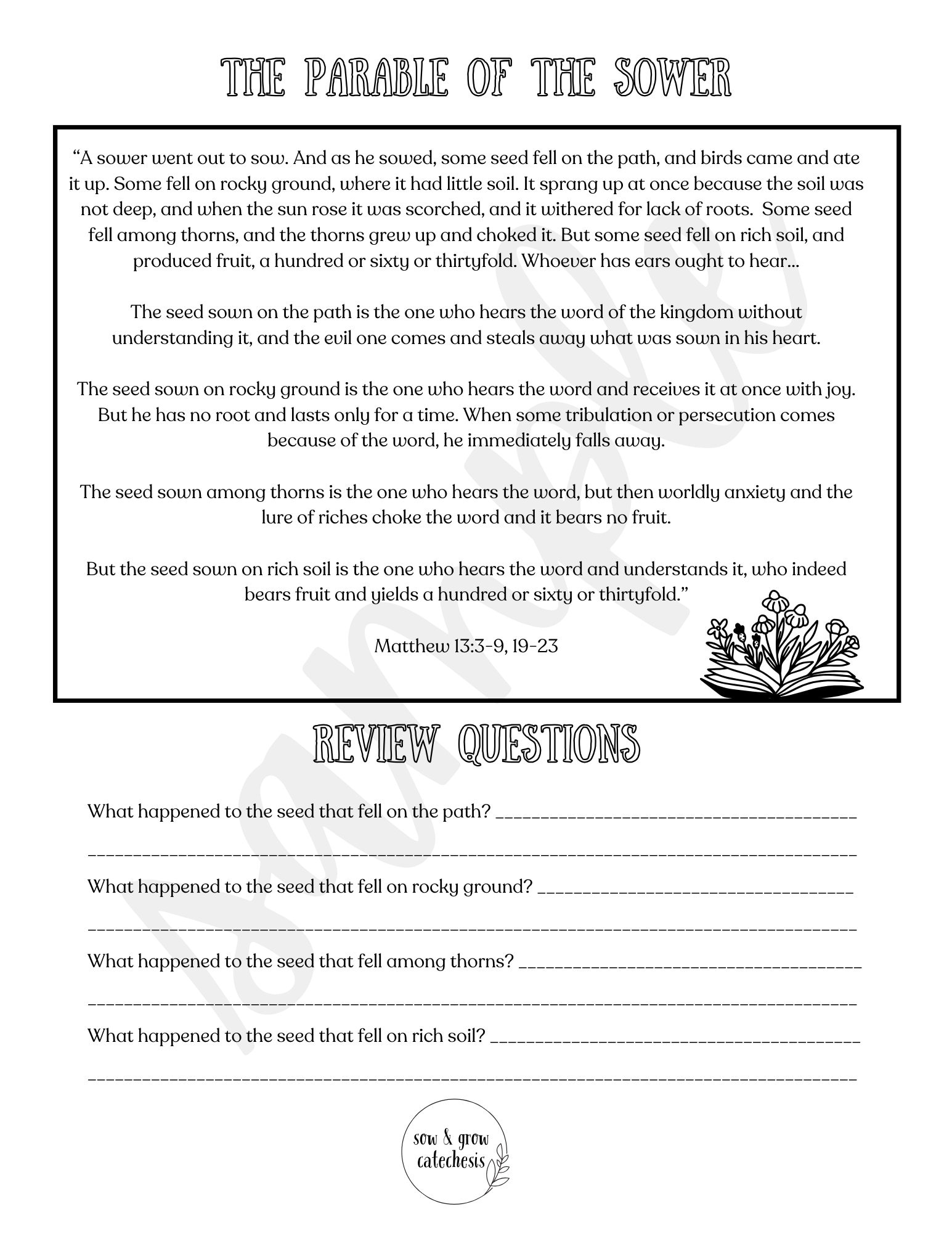 Parable of the Sower Worksheet, Fruits of the Spirit Review - Etsy