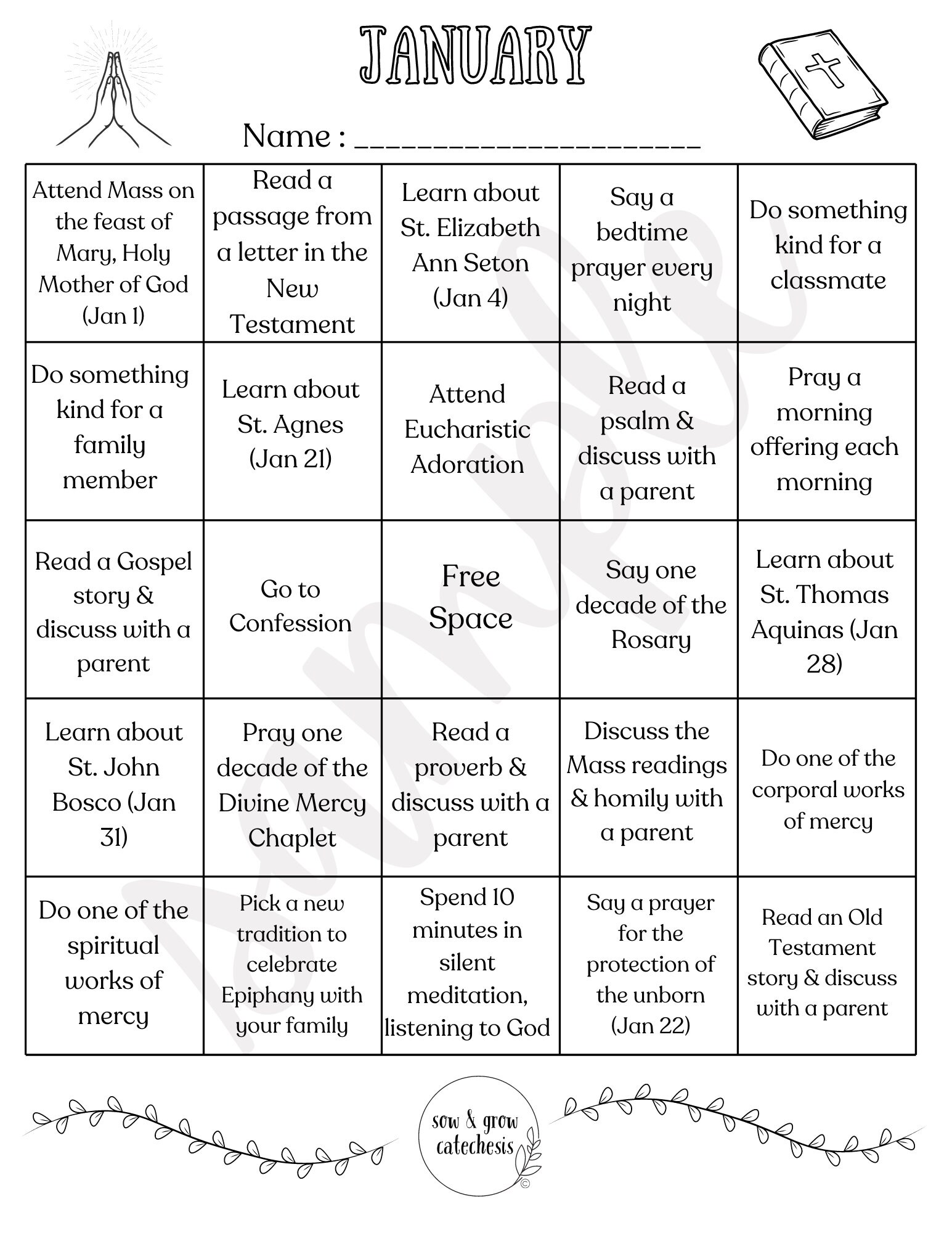 Monthly Bingo / Choice Cards for Catholic Faith Formation - Etsy