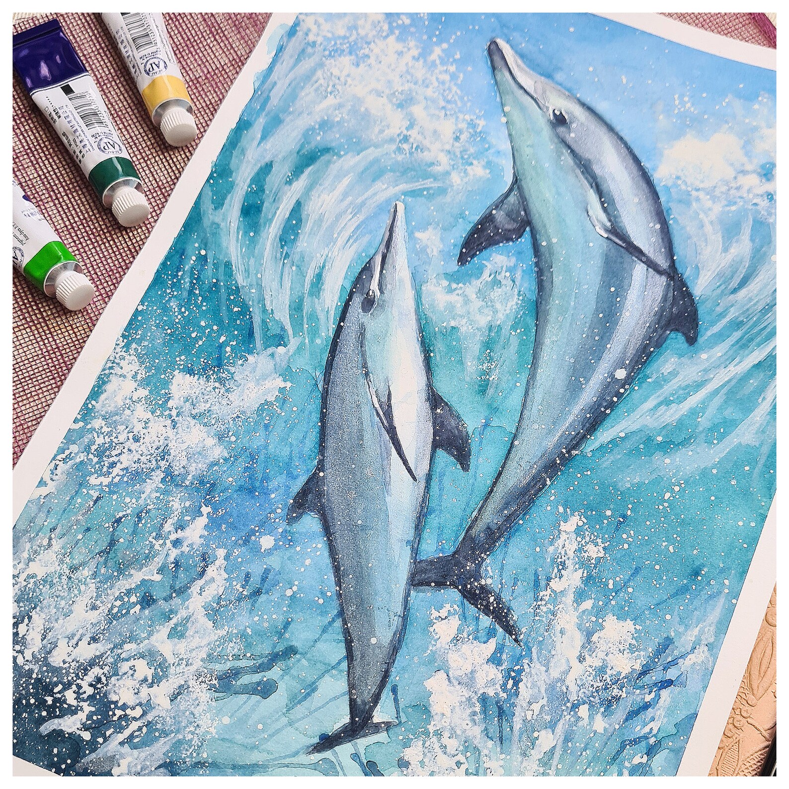 Dolphin Splash, Watercolor/mixed Media A4 Unframed Painting/artwork ...