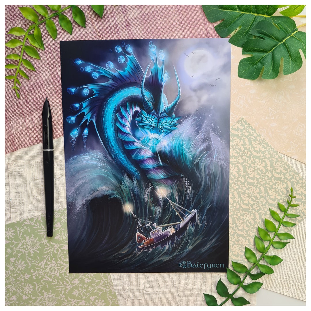 Fantasy Leviathan Dragon Boat Seascape Art Print, Wall Art, Picture - Etsy