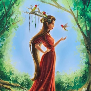 Hummingbird Lady Forest Nature Fantasy Illustration Art Print, Wall Art ...