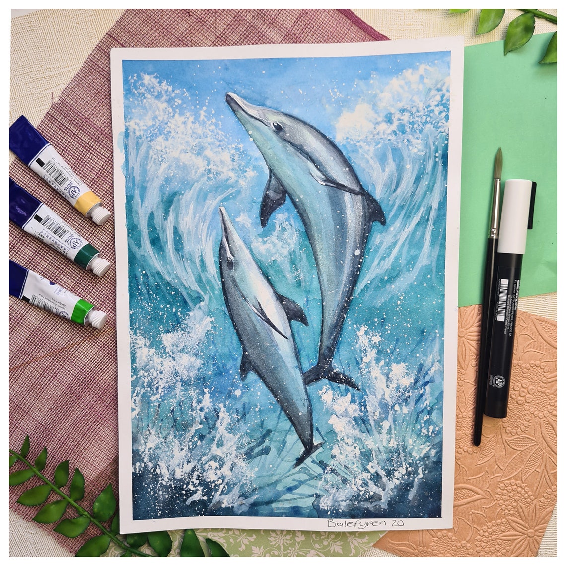 Dolphin Splash, Watercolor/mixed Media A4 Unframed Painting/artwork ...