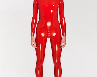 Neck entry latex catsuit with double slider crotch zipper