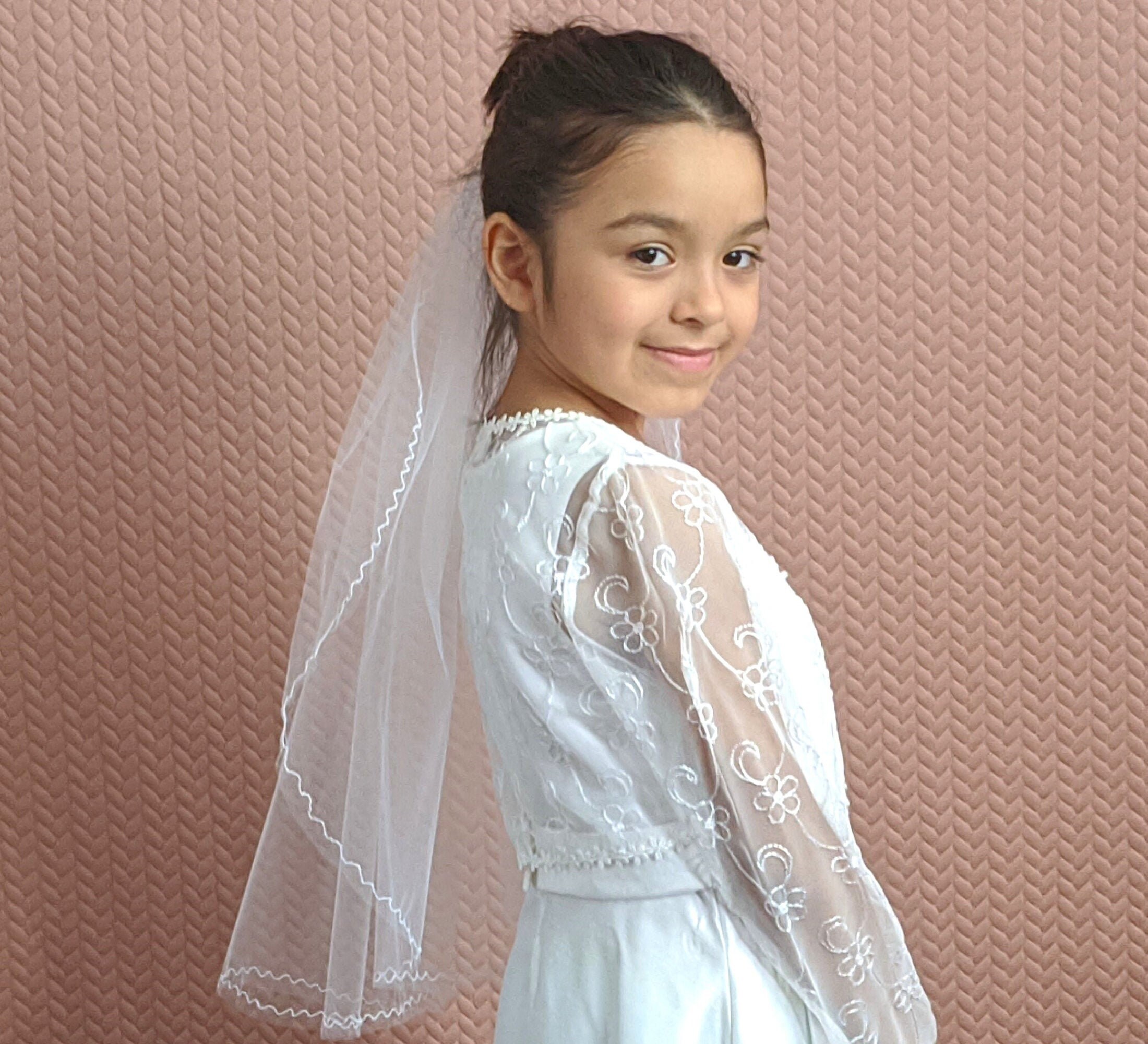 First Communion Veil on Comb Embroidered Edging Simple Plain Waterfall ...