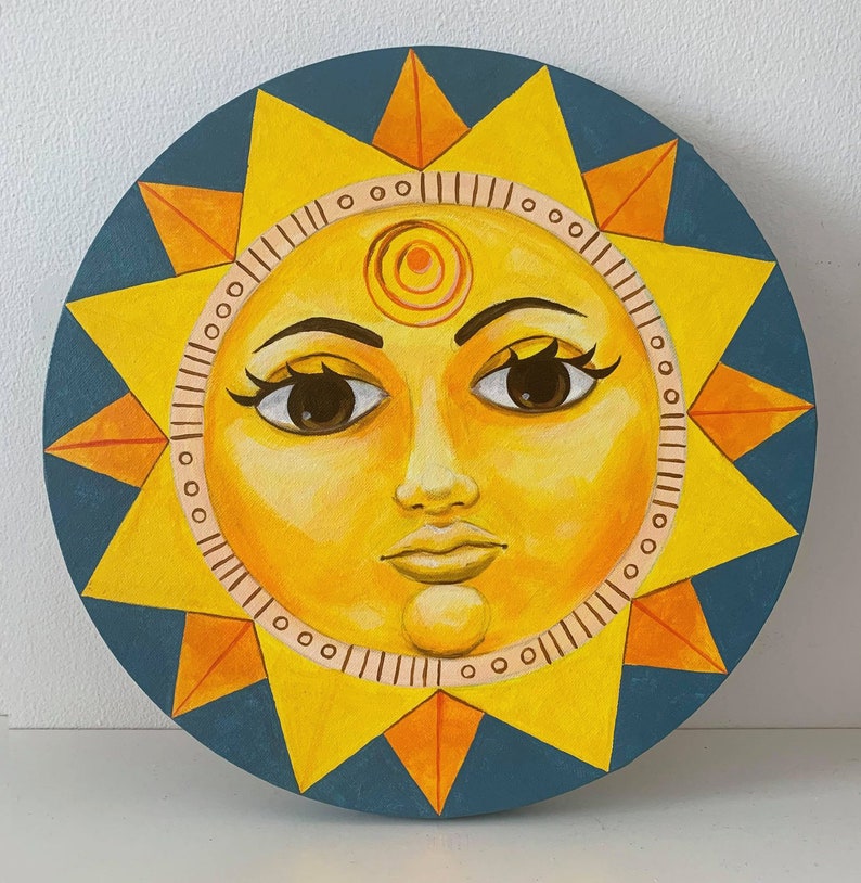 Sun Original Acrylic Painting on a Round Canvas 30cm - Etsy