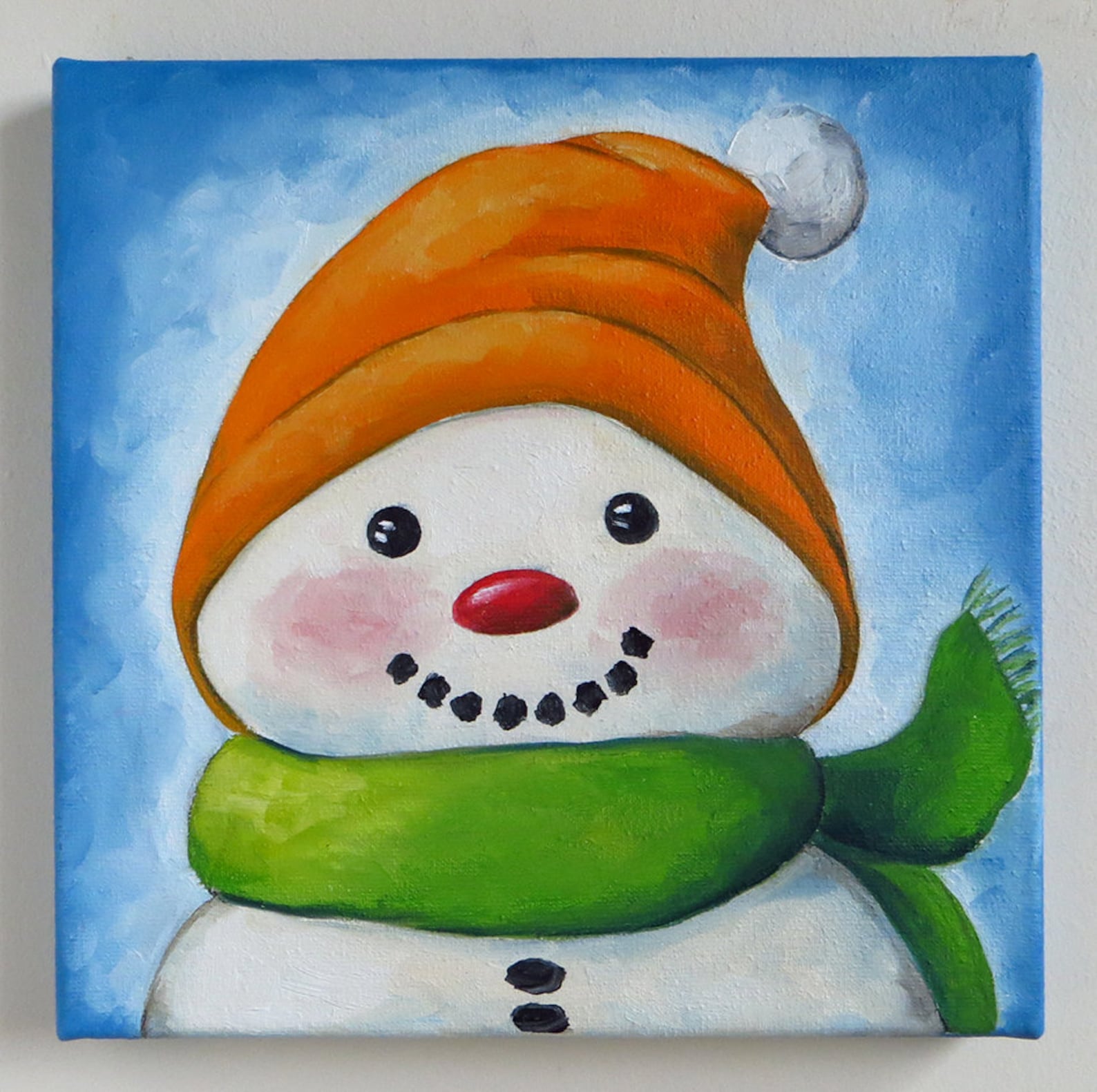 Happy Snowman Original Oil Painting on Canvas, 20x20cm, Mikimayo Art ...