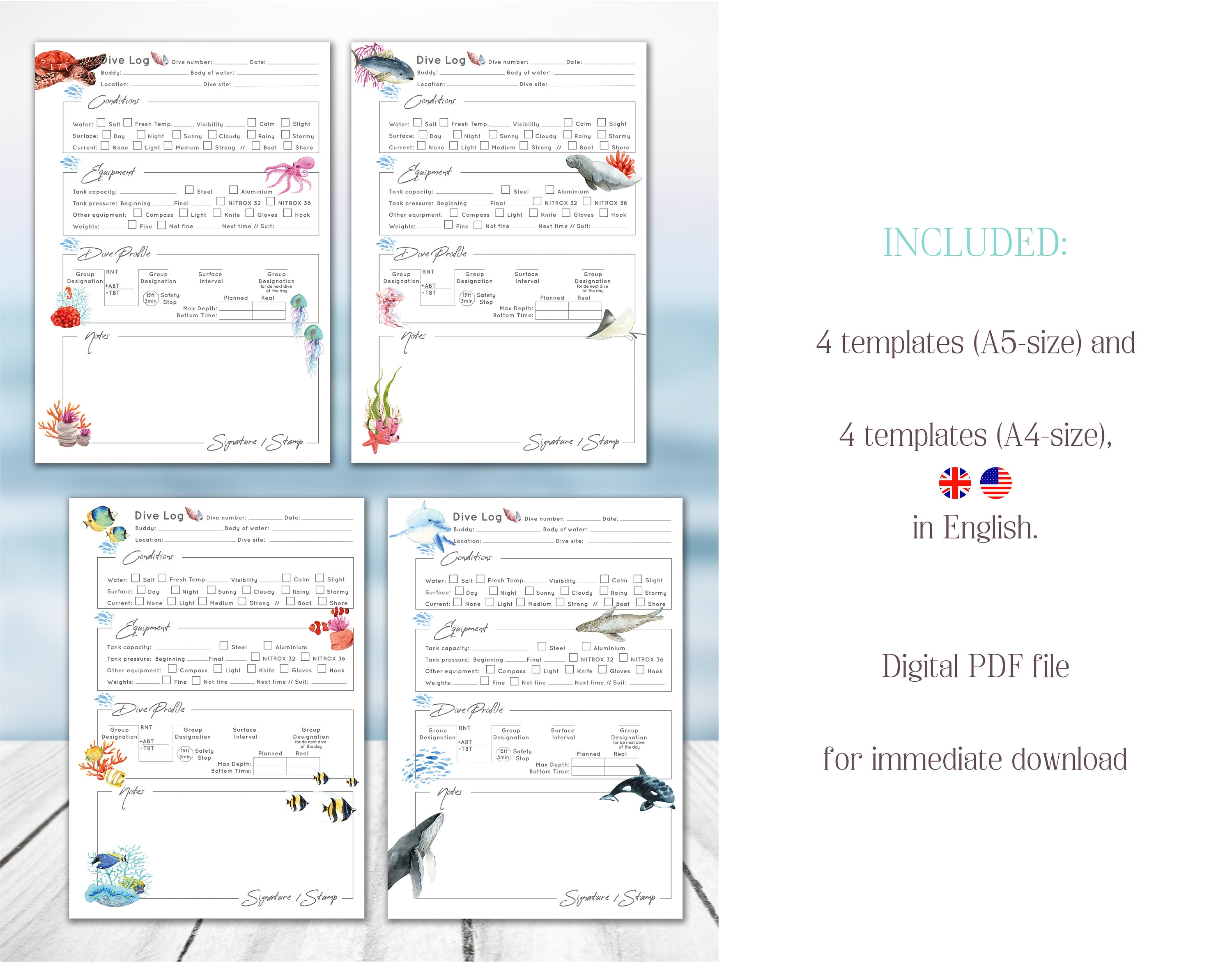 Digital Pages SCUBA Dive Logbook, Divers Log Book, A5 Divelog Sheets ...