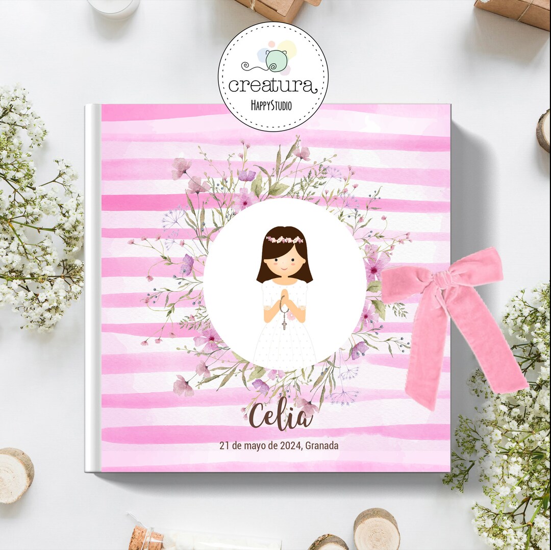 Elegant First Communion Album for Girls With Pink Watercolor Stripes ...