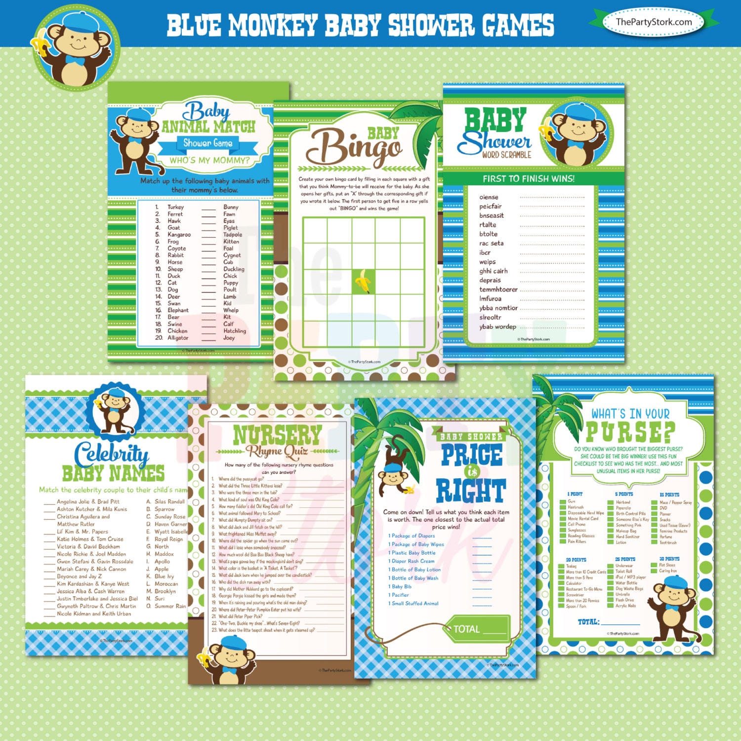 Monkey Baby Shower Game Pack: Bingo, Price is Right, Animal Match, Word ...