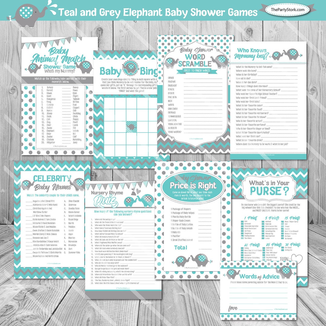 Elephant Baby Shower Games Blue, Teal Blue Elephant Baby Shower Game ...