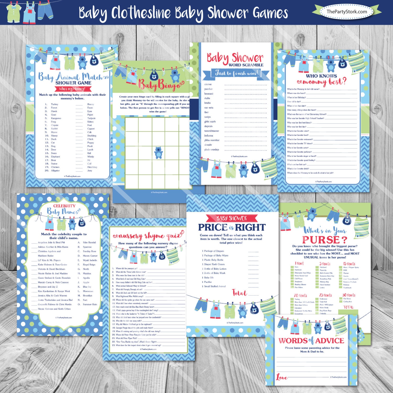 Baby Boy Baby Shower Games: Clothesline Theme, Bingo, Price is Right ...