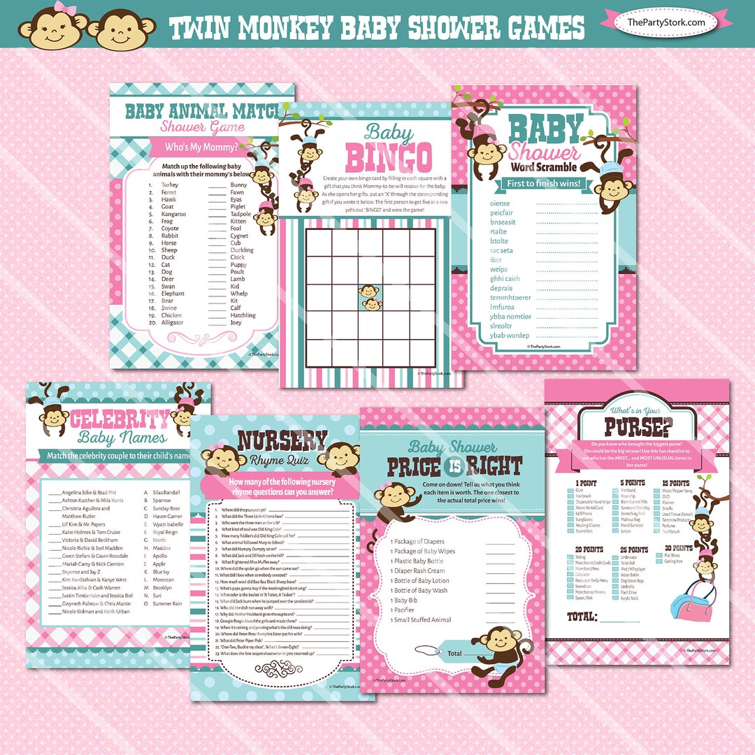 Twin Monkey Baby Shower Games, Boy and Girl Monkey Baby Shower Game ...