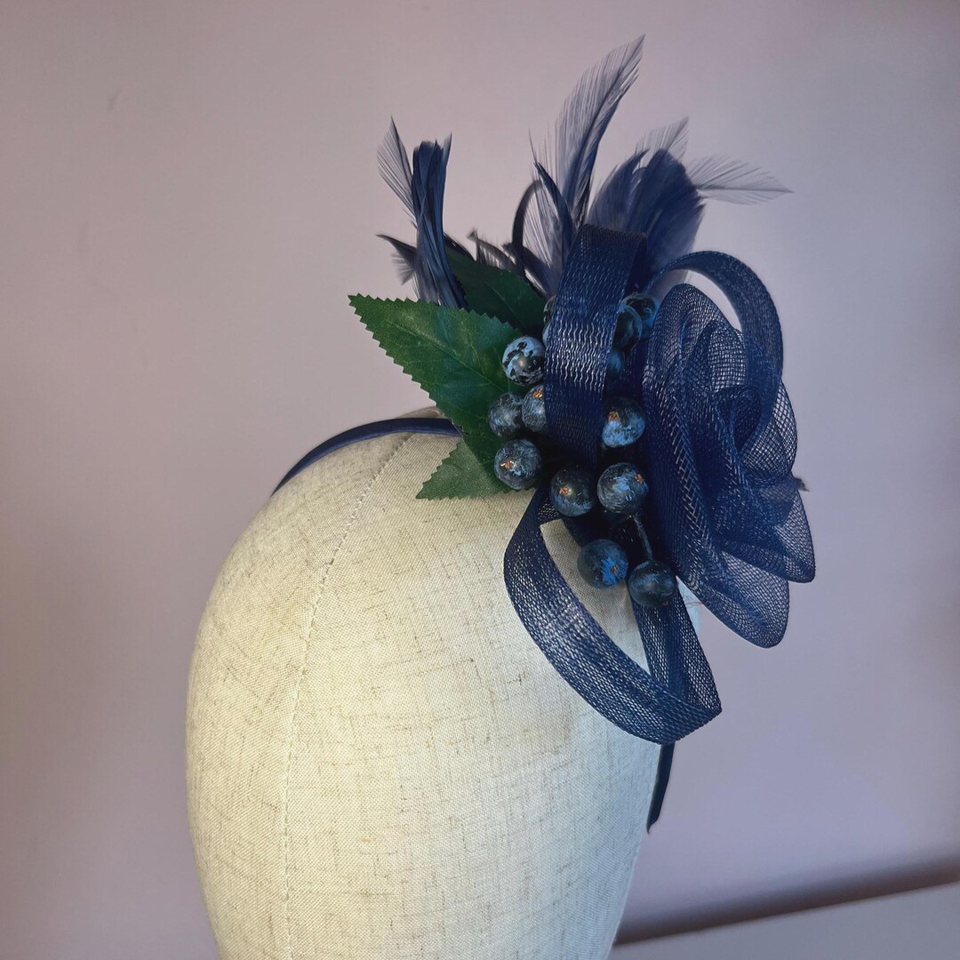 Navy Blue Fascinator Hat – Feather & Berries Headpiece for Weddings ...